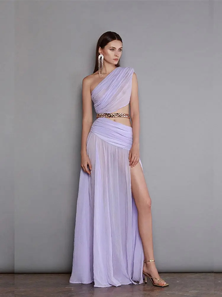 Asymmetric-High-Waisted-Split-Sheath-Dress-Women-Chain-Design-Midriff ...