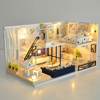 Wooden Model House Kit with Music/Dust Cover/Light DIY Doll House Mini ...