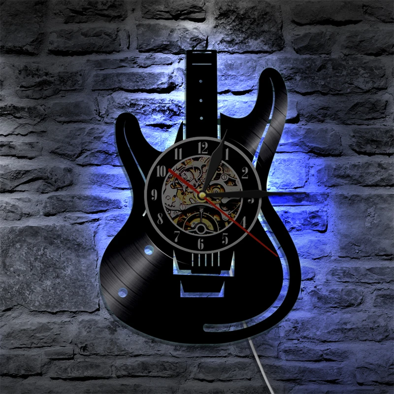 LED-Vinyl-Record-Black-Guitar-Wall-Clock-Modern-Design-Music-Theme ...