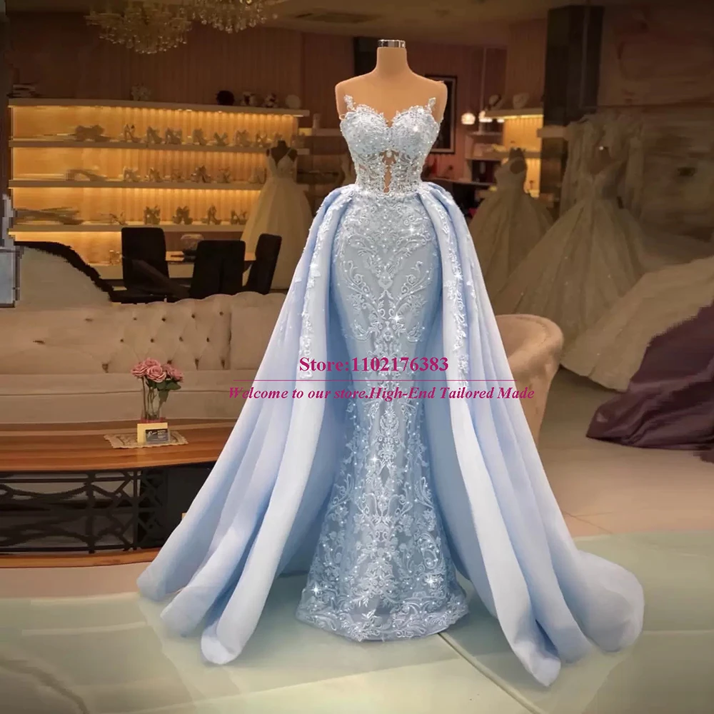 Luxury Mermaid Prom Dresses For Black Grils Nude Tulle O Neck Sky Blue
