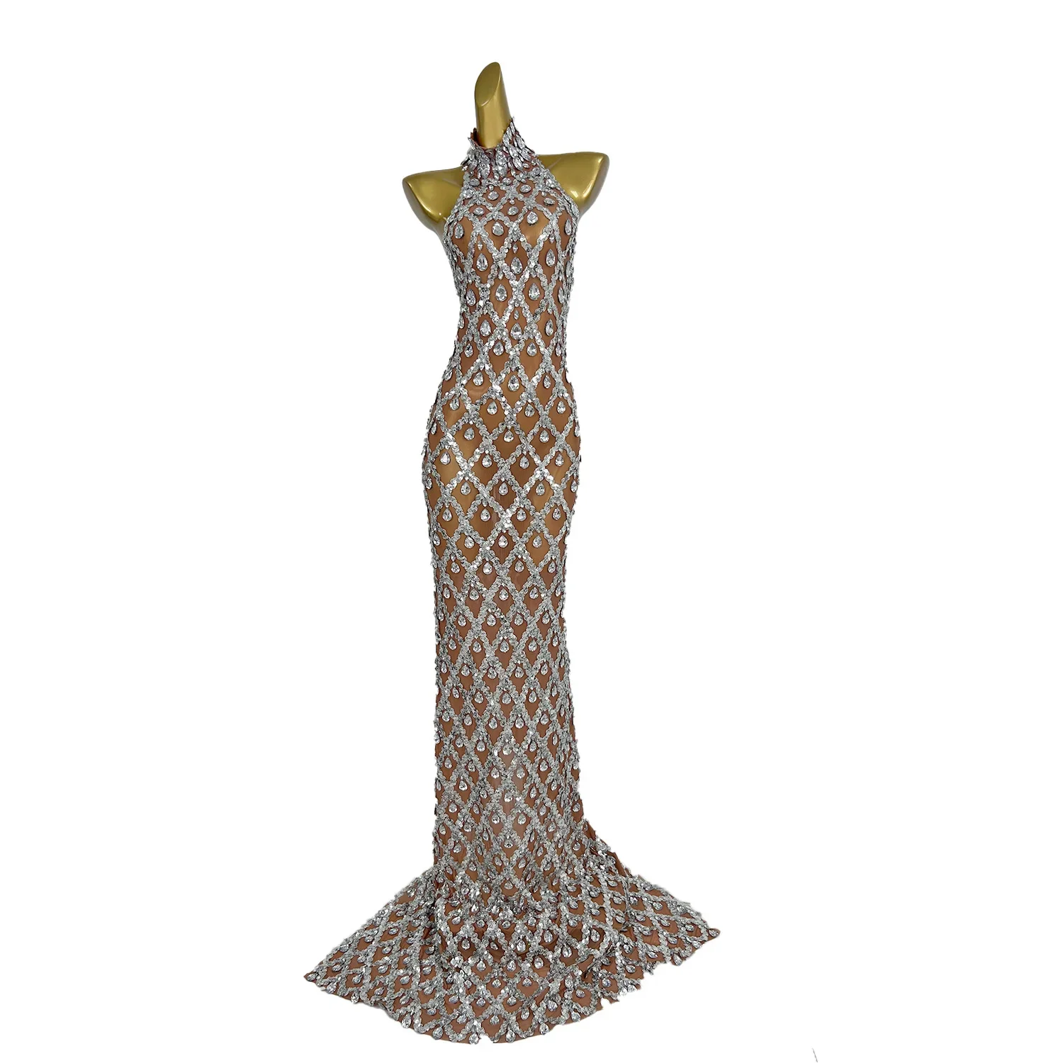 Vestido-Formal-Silver-Sequins-Crystals-Stretch-Mesh-Celebrate-Evening ...