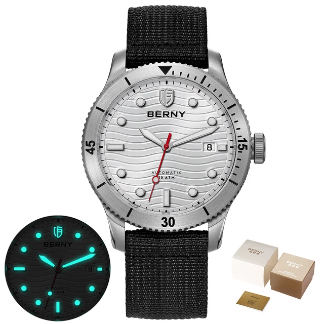 BERNY-Reloj de pulsera de buceo automático para hombre, cronógrafo mecánico de zafiro luminoso ...