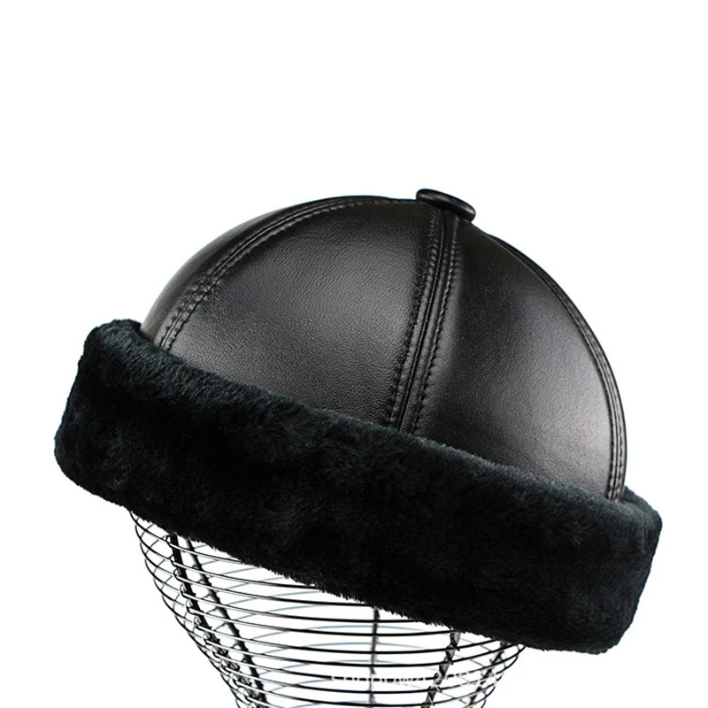 2023-New-Top-Quality-First-Layer-sheepskin-Cow-Leather-Brimless-Cap-Balaclava-Skull-Gorros ...
