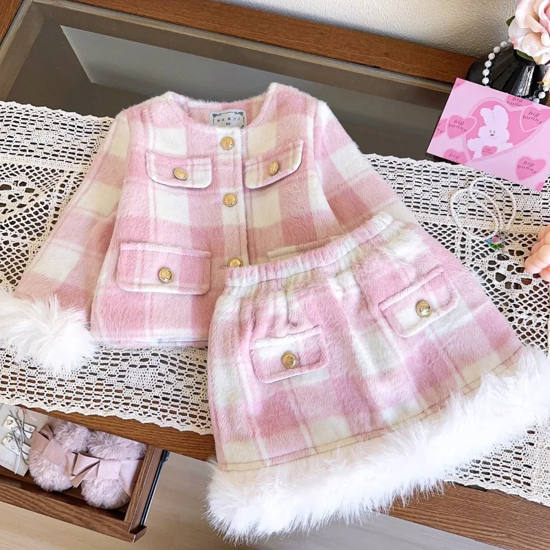 Winter Girls Tweed Clothes Set Autumn Thick Kids Jackets+Skirt Plush ...