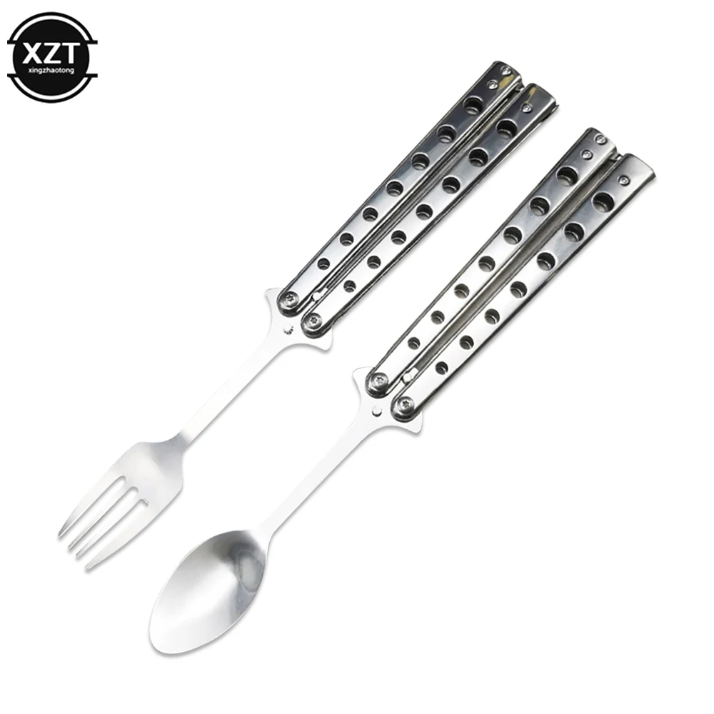 Stainless-Steel-Folding-Spoon-Fork-Butterfly-Knife-Balisong-Training ...