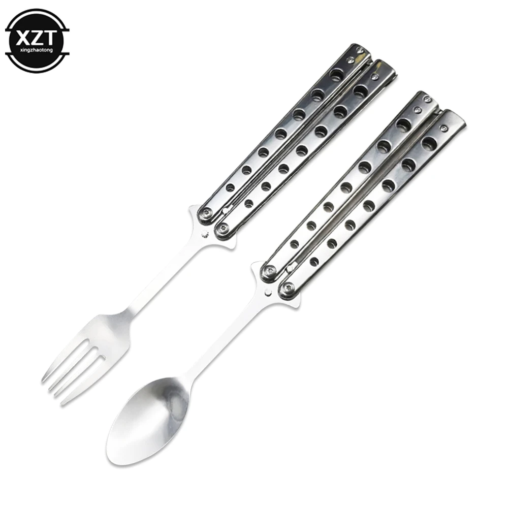 Stainless Steel Folding Spoon Fork Butterfly Knife Balisong Training ...