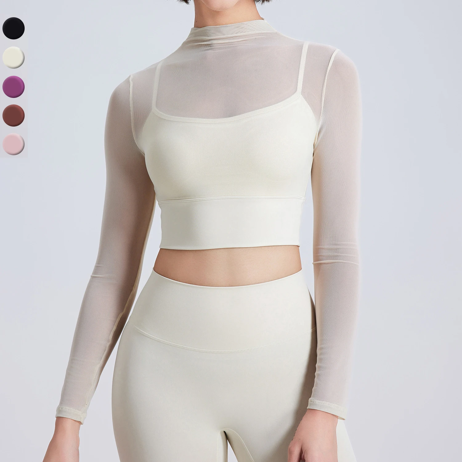 Long Sleeve Yoga Top Women Sexy Mesh 2 In 1 Gym Running Shirt ...