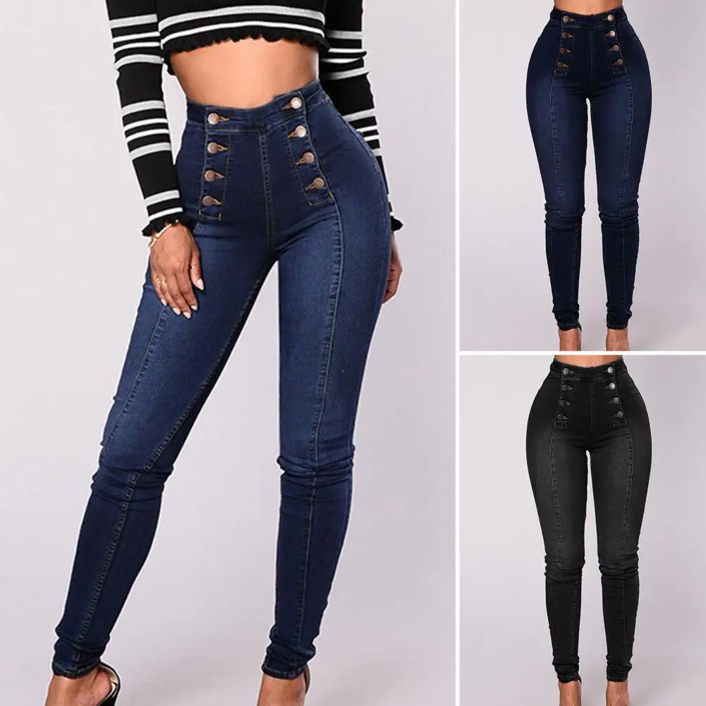 High Waist Buttons Decoration Shaping Women Jeans Pockets Push Up ...