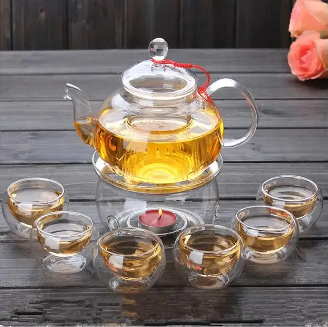 1Set Gaiwan Tea Set With 6 Cups 600ml Glass Tea pot Hot Double Wall ...