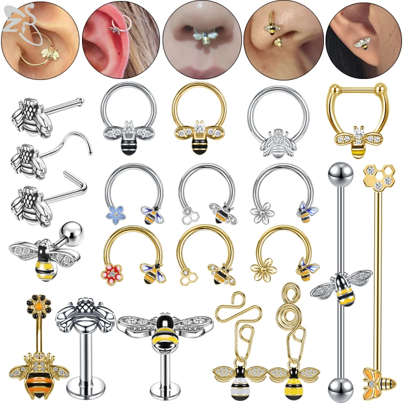 ZS-1-2pcs-Bee-Horseshoes-Nose-Ring-Stainless-Steel-Hoop-Septum-Piercing ...