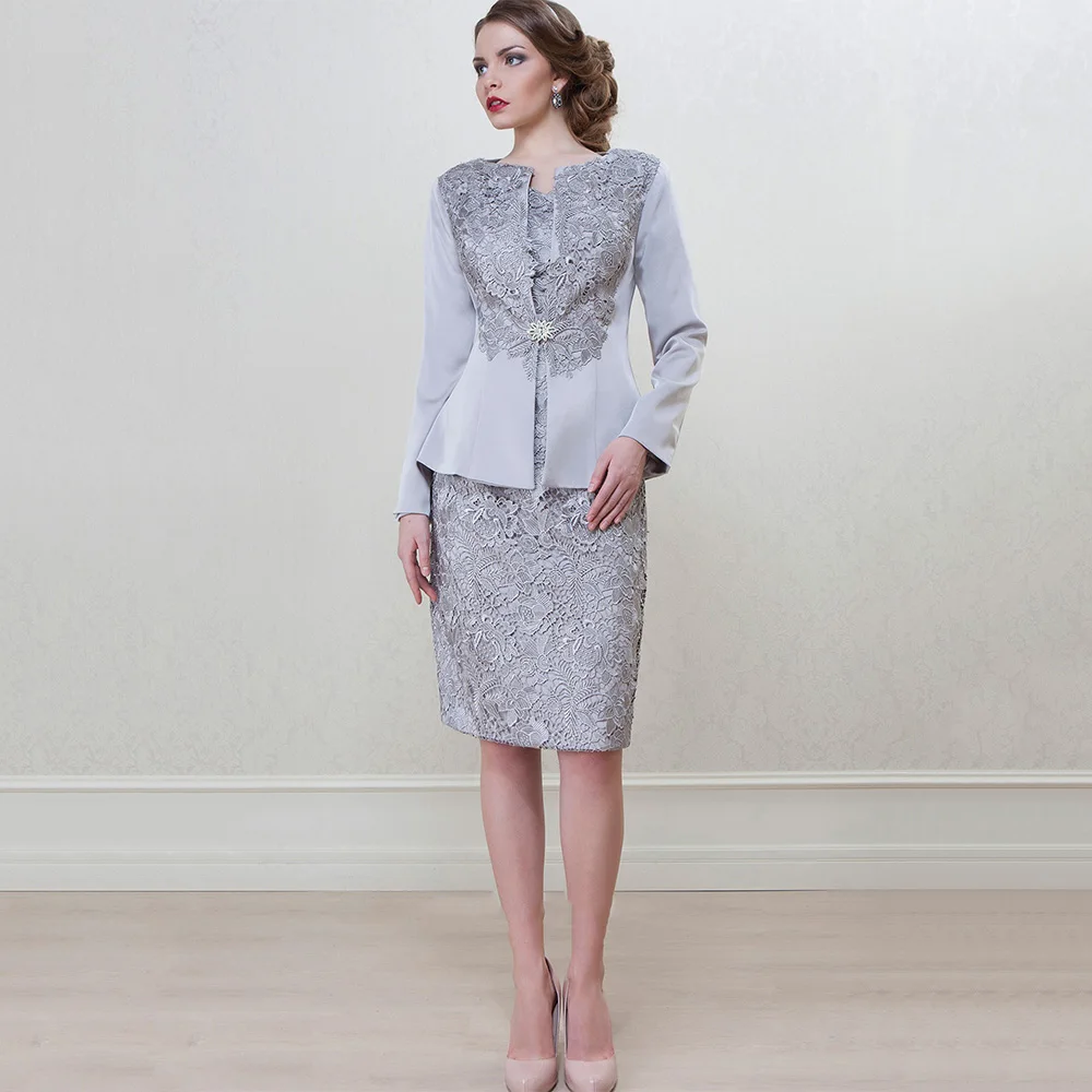Silver Satin Mother of The Bride Dress with Jacket Elegant Scoop Neck ...