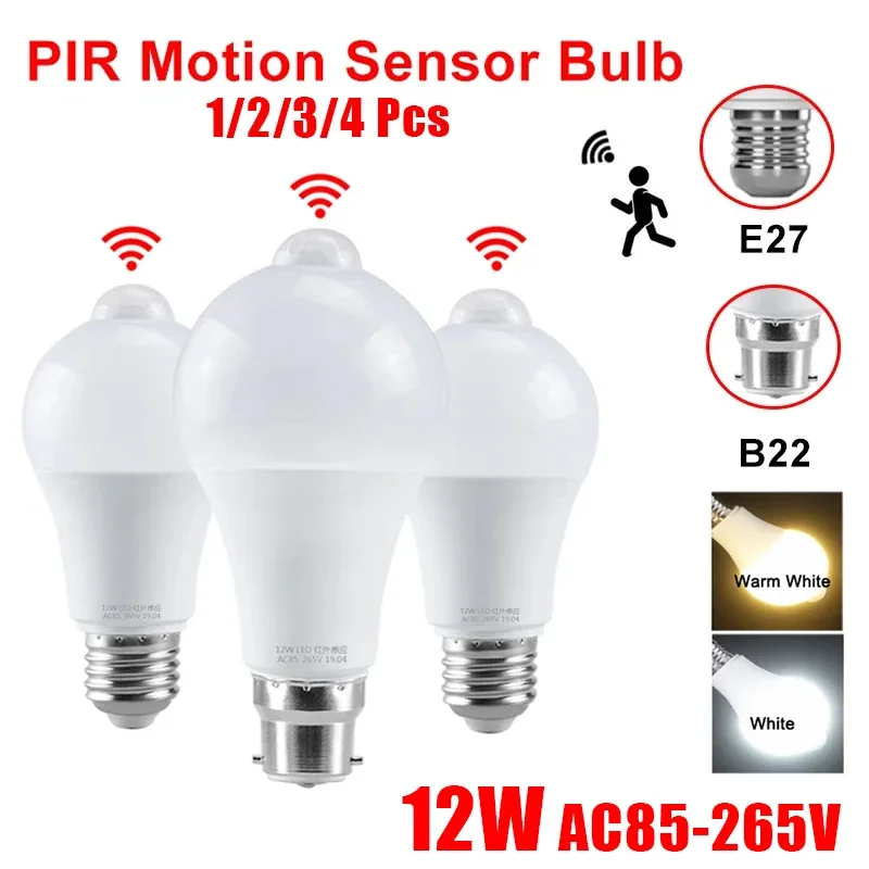 1-4Pcs-LED-Motion-Sensor-Bulbs-12W-PIR-Sensor-Light-E27-B22-Wide ...