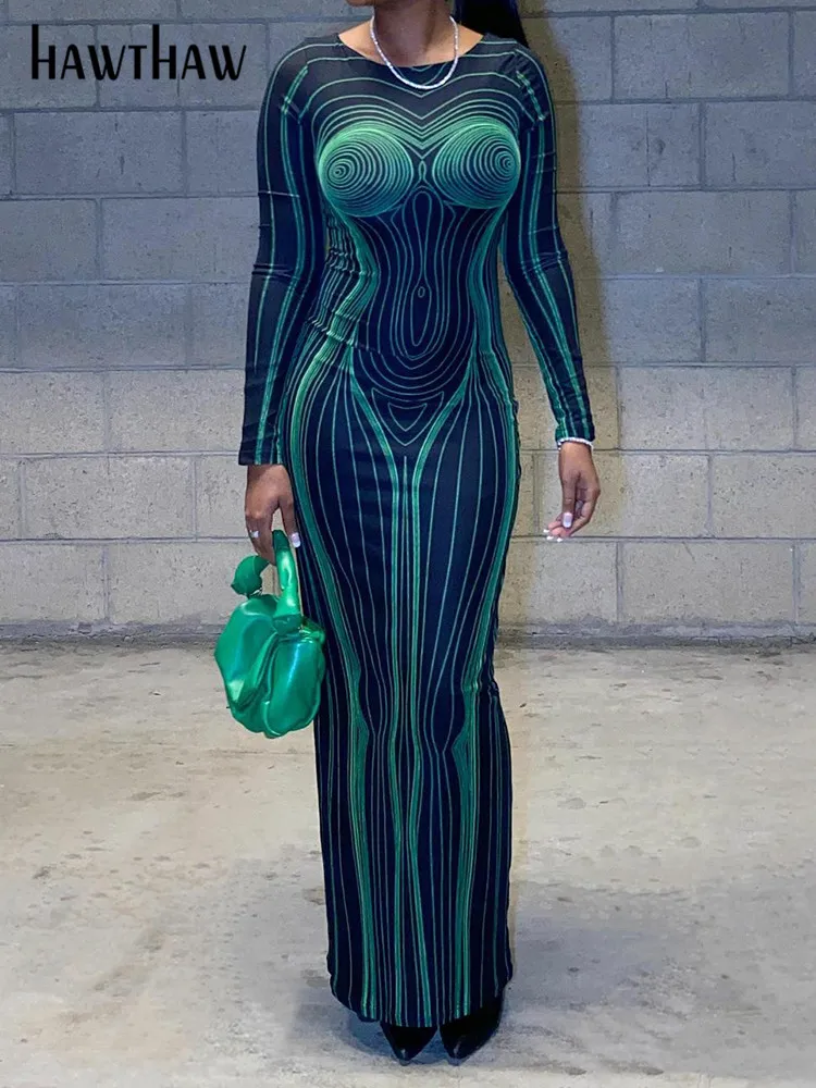 Hawthaw-Vestido-largo-verde-de-manga-larga-para-mujer-ropa-de-calle ...