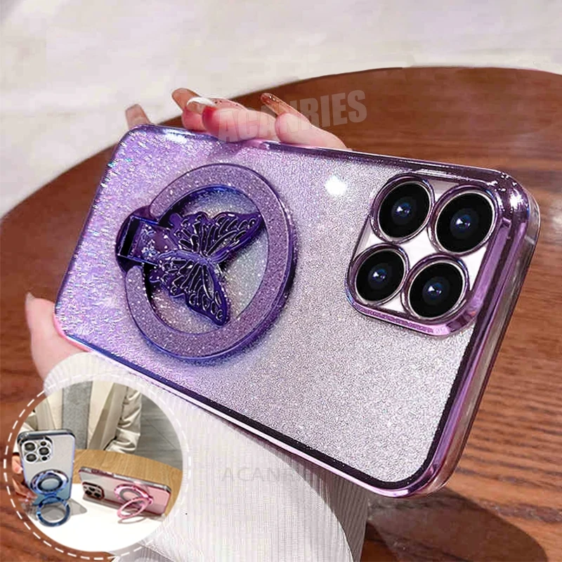 Butterfly Holder Plating Silicone Phone Case for Honor 90 lite (SFHD Black)
