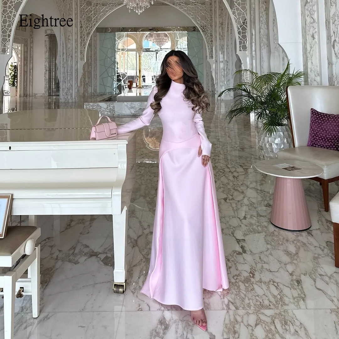 Eightree Elegant Pink High Neck A Line Formal Prom Gowns Full Sleeves ...