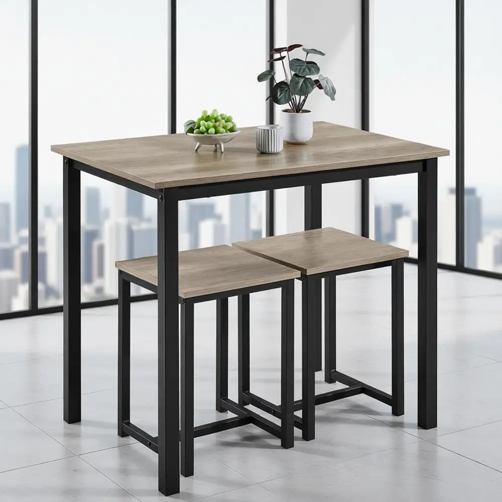 Compact 2-Person Dining Table Set with 2 Stools, Gray, Space-Saving ...
