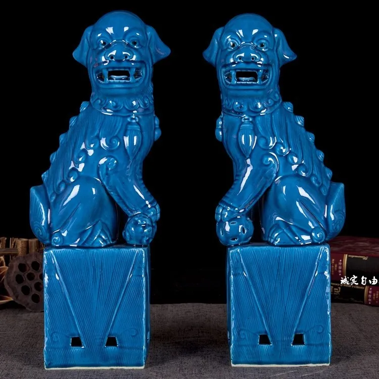1-Pair-Chinese-Jingdezhen-Ceramics-Porcelain-Blue-Foo-Fu-Dog-Guardion ...