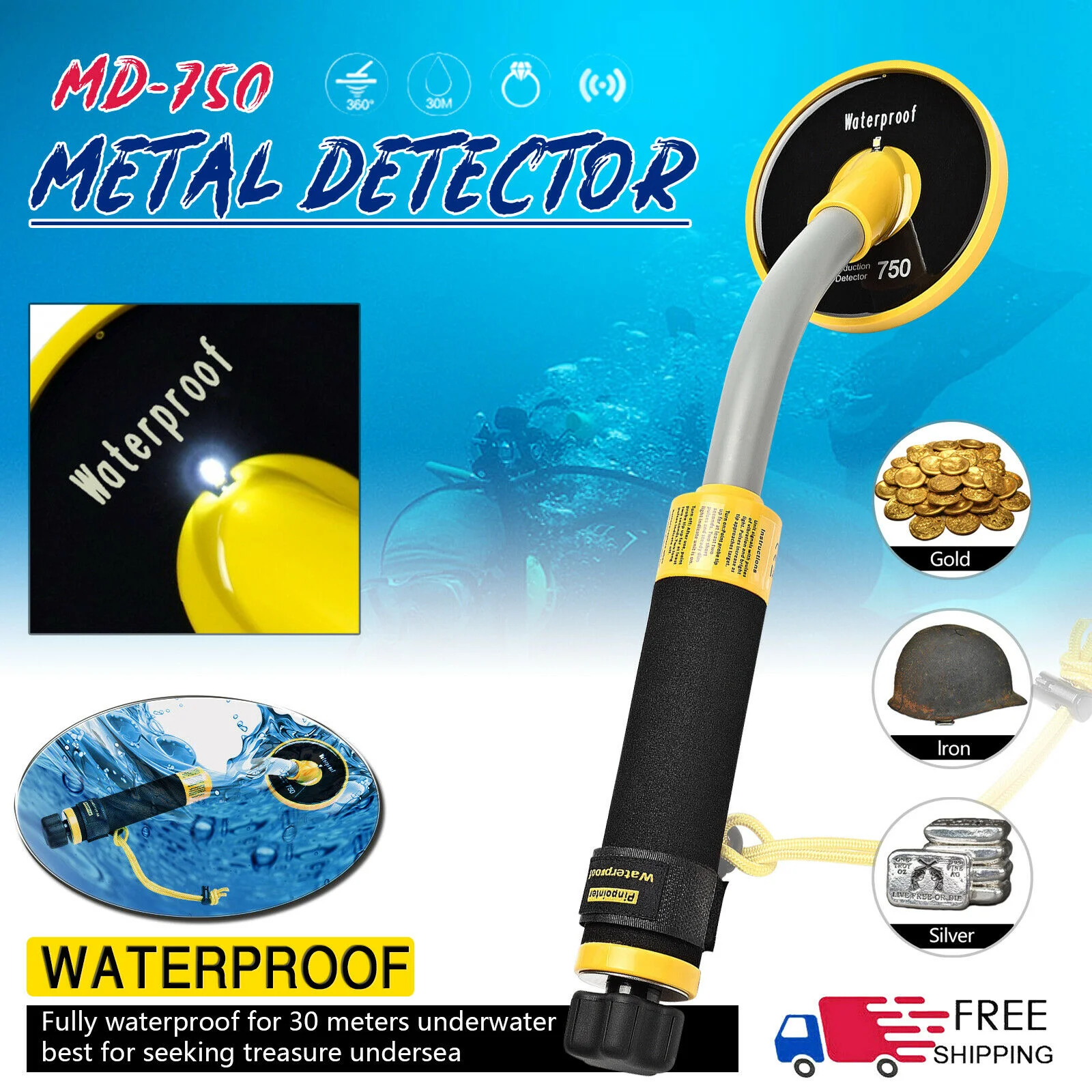 PI750 Fully Waterproof Metal Detector Gold Digger Kit 100feet/30m ...