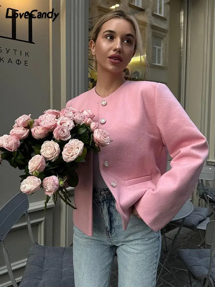 Women-Sweety-Woolen-Blends-Pink-Short-Coats-Fashion-Gentle-Single ...
