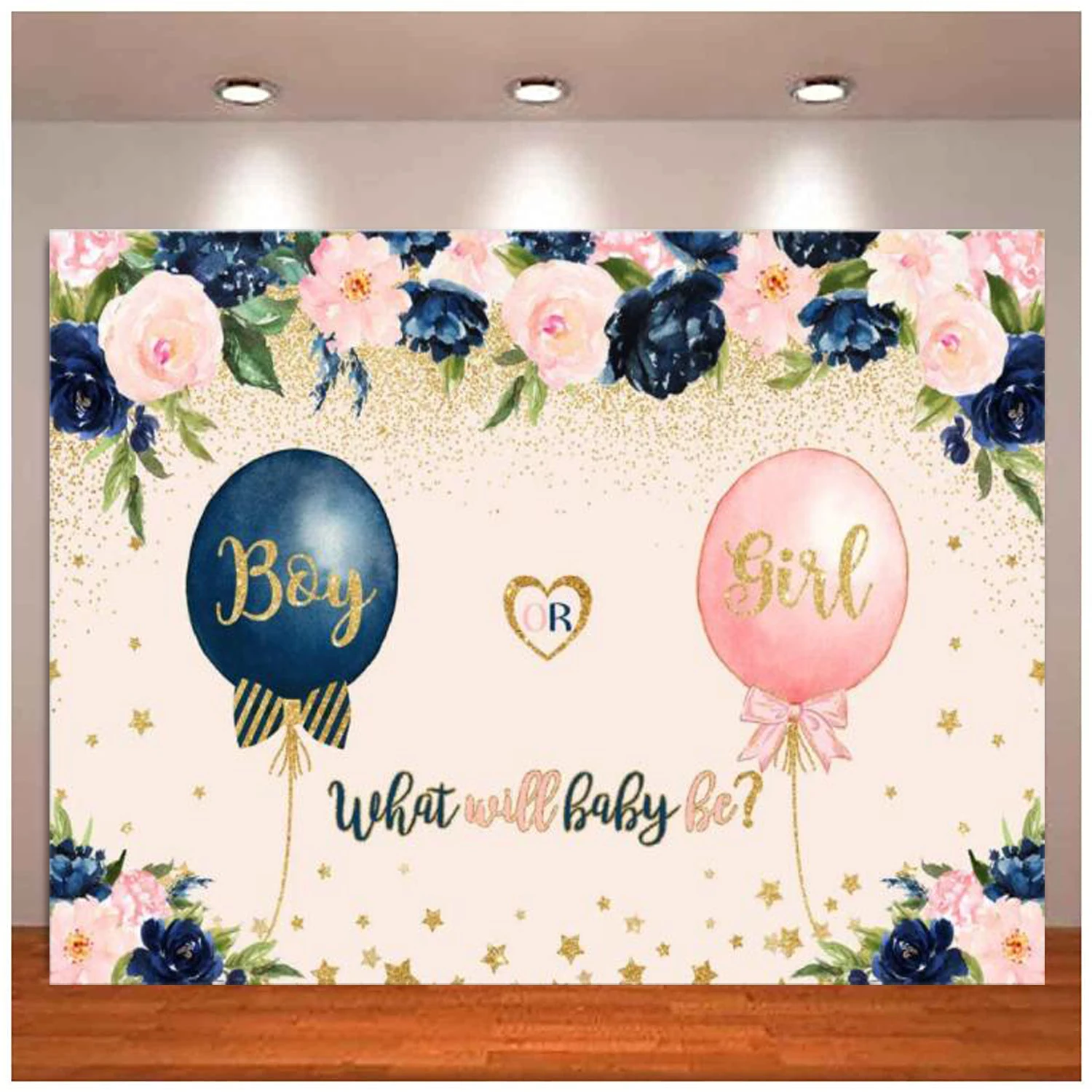 Gender Reveal Photography Backdrop Navy Blue Blush Pink Balloon Gender ...