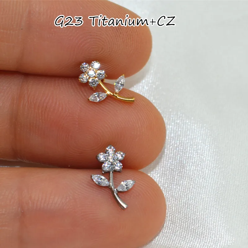 10pcs Body Jewelry 16G G23 Titanium Rose Shape CZ Lip Labret Bar Ear ...
