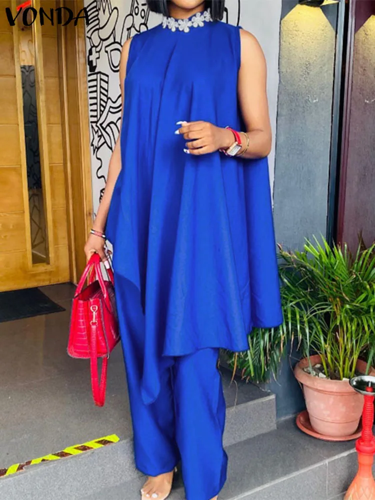 Fashion Pant Sets 2023 VONDA Elegant Women Bohemian Party Ruffle Tops and Wide Leg Pants Solid ...