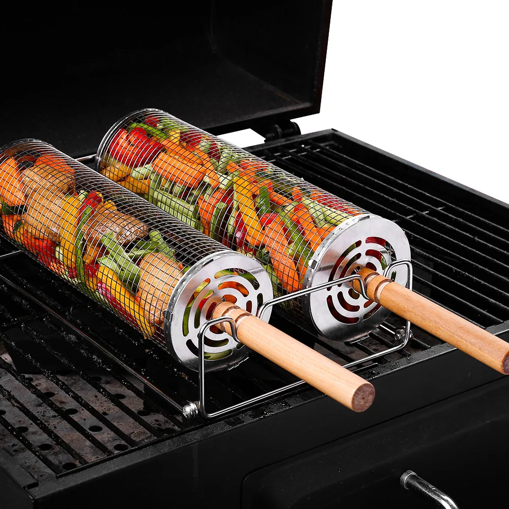 Stainless-Steel-Grill-Basket-with-Wood-Handle-Scald-Proof-BBQ-Rolling ...