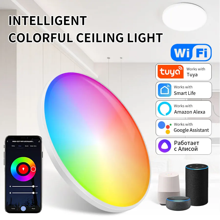 Smart-WiFi-LED-Ceiling-Light-Tuya-APP-220V-RGB-CW-Dimmable-Round ...