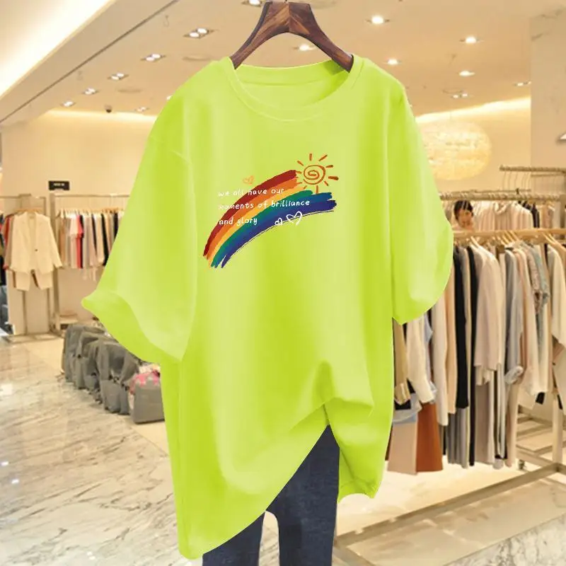 Women Clothing Fashion Hand-Painted Rainbow Print Tshirt Summer O-neck ...