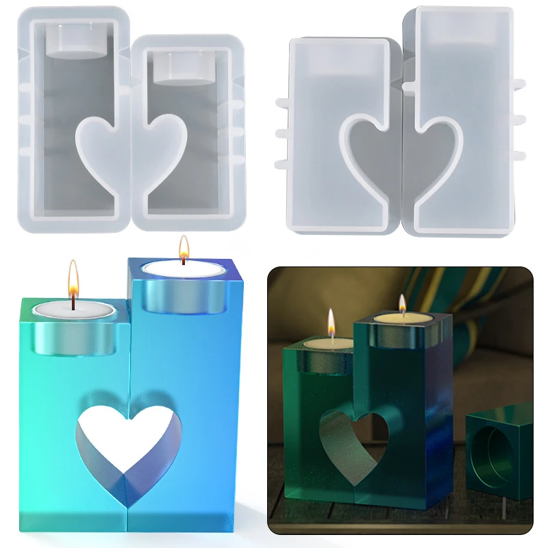 Love Heart Splicing Candlestick Silicone Mold Cement Candle Holder ...