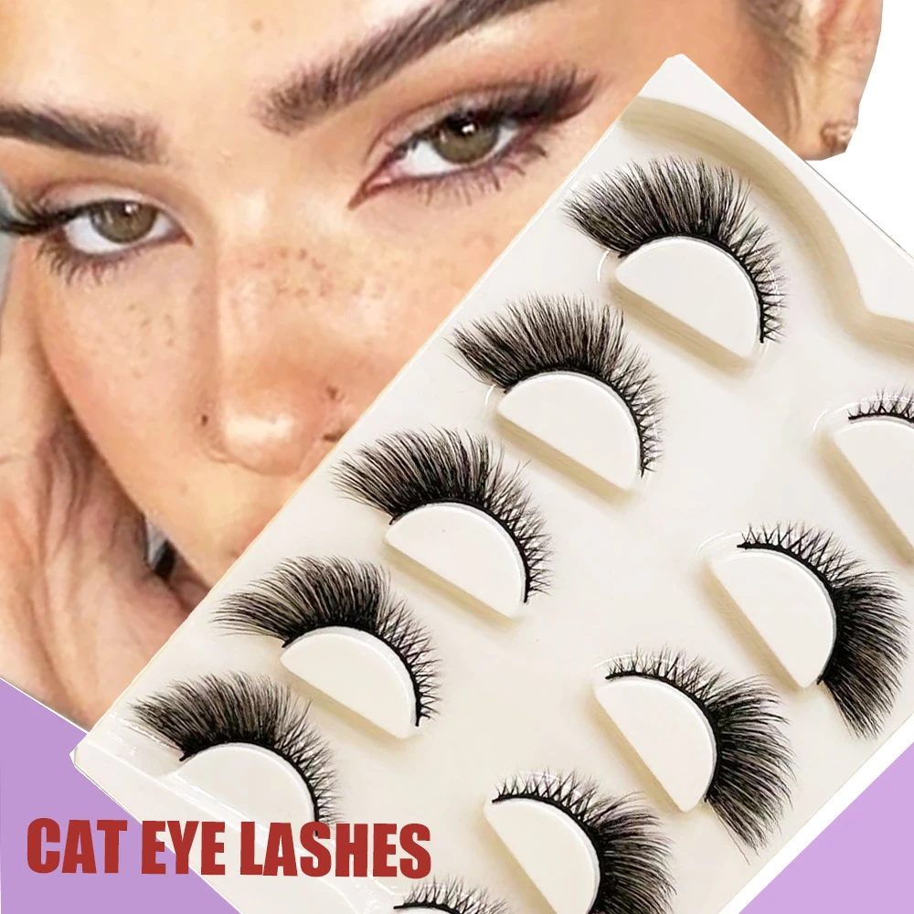 5 Pairs Fake Eyelashes Cat Eye Natural Tapered Half Lashes Fox Eye ...