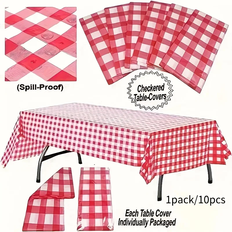 10pcs160x160cm Red Checkered Disposable Plastic Tablecloth Waterproof ...