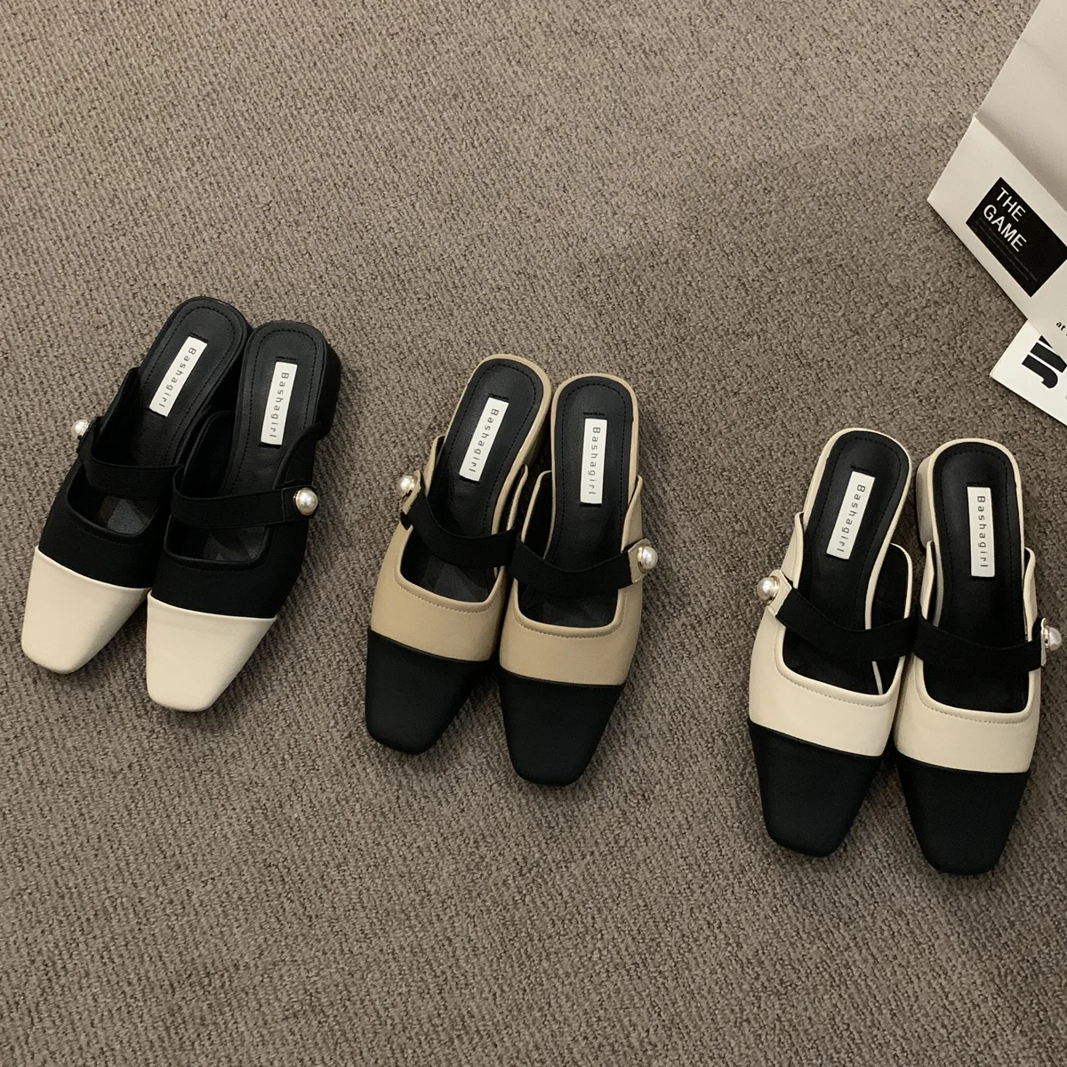 프랑스 스타일 이브닝 스타일 컬러 매칭 클로즈드 토 하프 슬리퍼 여성 아우터웨어 레이지 슬립온 청키 힐 뮬러 슈즈