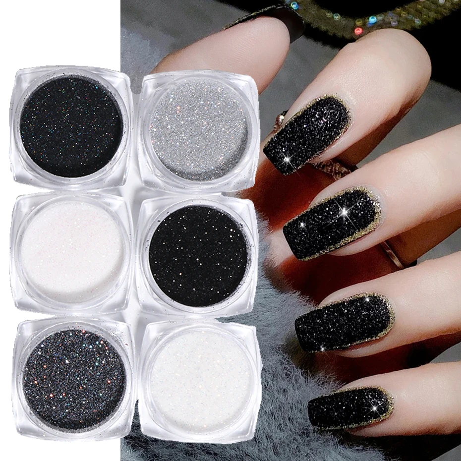 6Pcs-Shiny-Nails-Glitter-Powder-Black-White-Sugar-Sandy-Chrome-Pigment ...