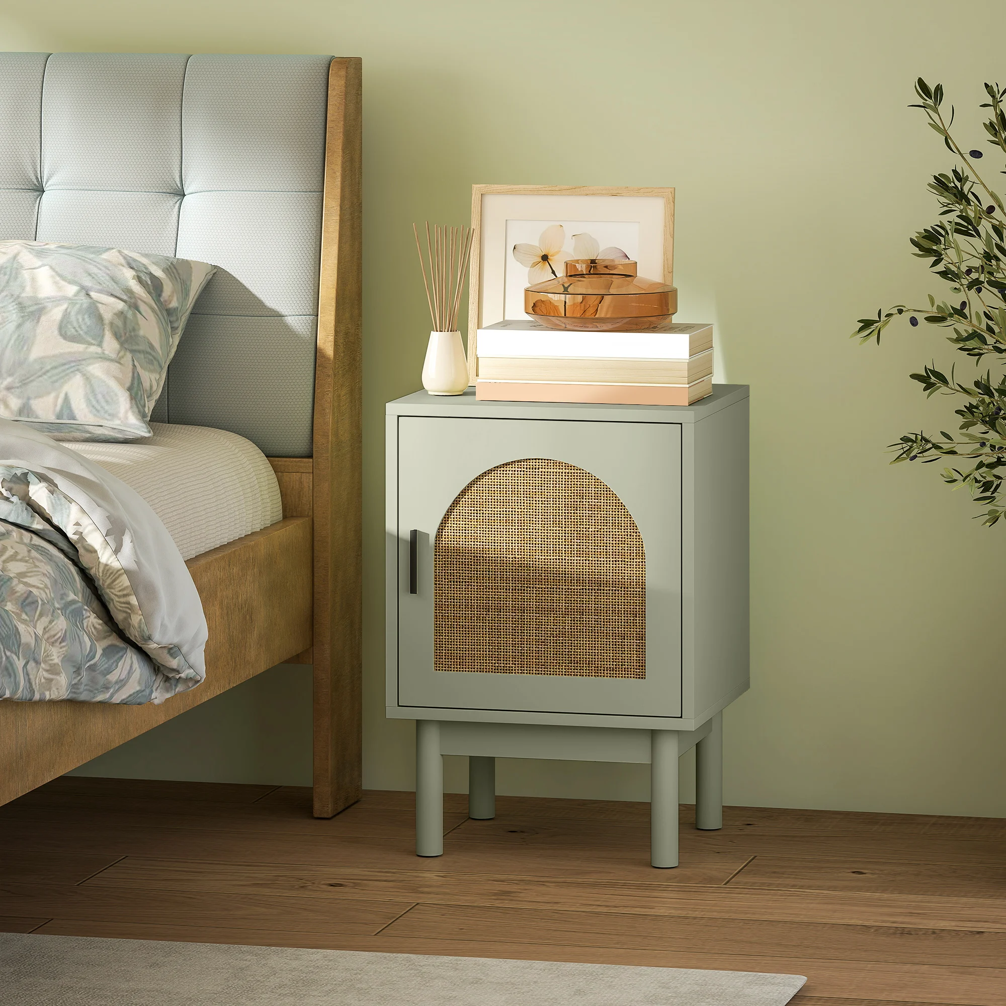 HOMCOM Boho Bedside Table with Rattan Door and Adjustable Shelf ...