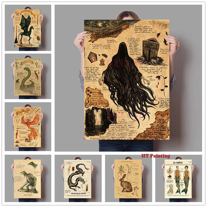 Vintage Mythical Magic Animals Thestral Unicorn Poster Dementor Dragon ...