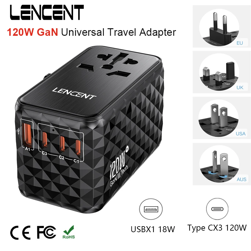 LENCENT 120W/100W/65W GaN Universal Travel Adapter with1 USB-A+3 Type-C ...