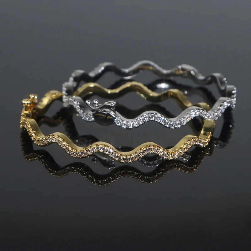 Water Wave Shape Bangles for Women Micro Paved Full Shiny Cubic ...