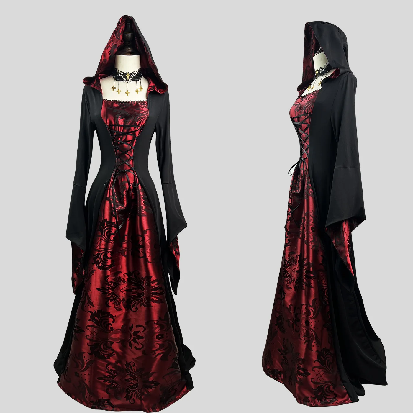 Robe-Longue-Noire-et-Rouge-Capuche-et-Col-Carr-pour-Femme-Costume-de ...