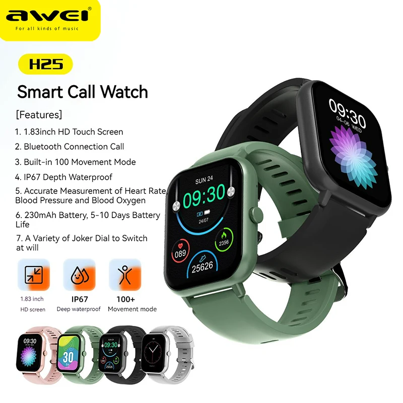 Awei H25 Multifunctional Smart Watch Men Women Bluetooth Connected ...