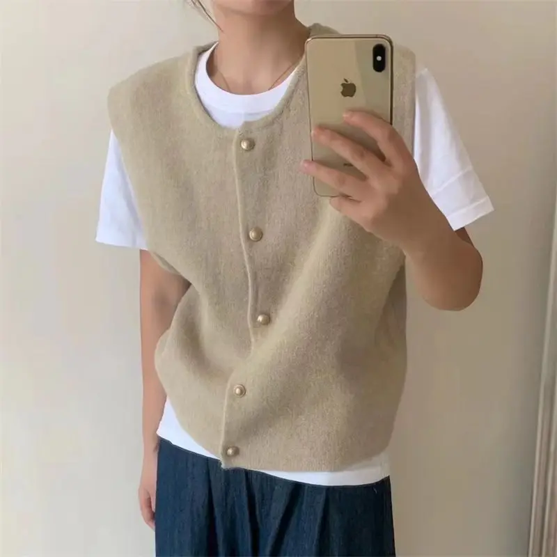 2024-Spring-Fall-Korean-Fashion-Round-Neck-Sweater-Vest-Solid-Color ...