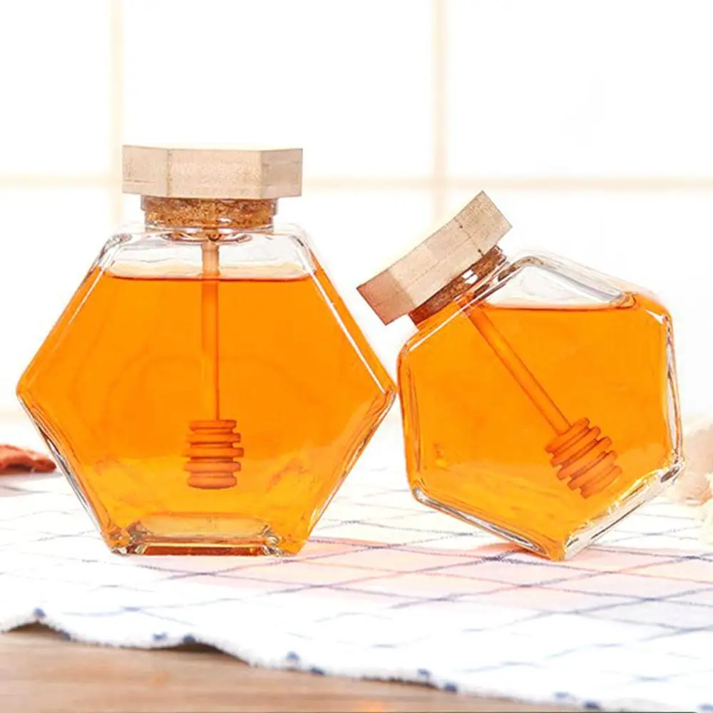 Botella-Hexagonal-de-vidrio-para-miel-con-varilla-agitadora-de-madera ...