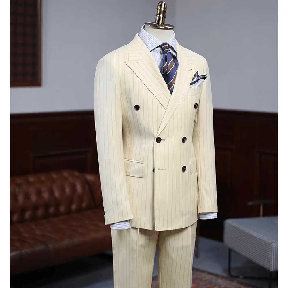 Fashion Pinstripe Men Suits Peak Lapel Double Breasted Male Suit 2 ...