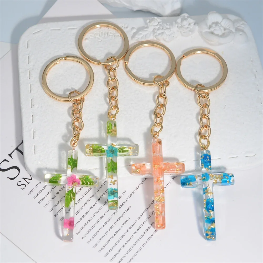 Fashion-Multicolor-Acrylic-Cross-Keychain-Dry-Flower-Star-Fill-Resin ...