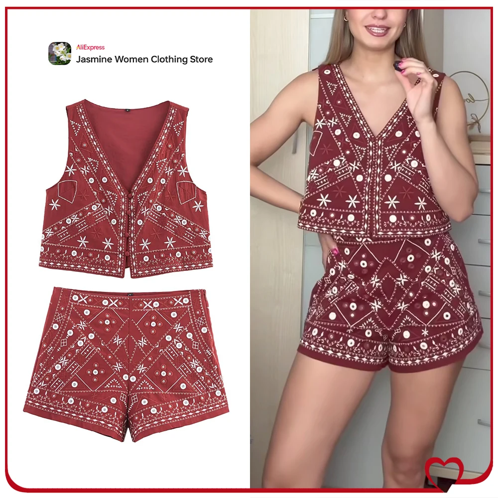 Women Stylish Embroidered Mirror Short Sets Summer Holiday Co-ord Set ...