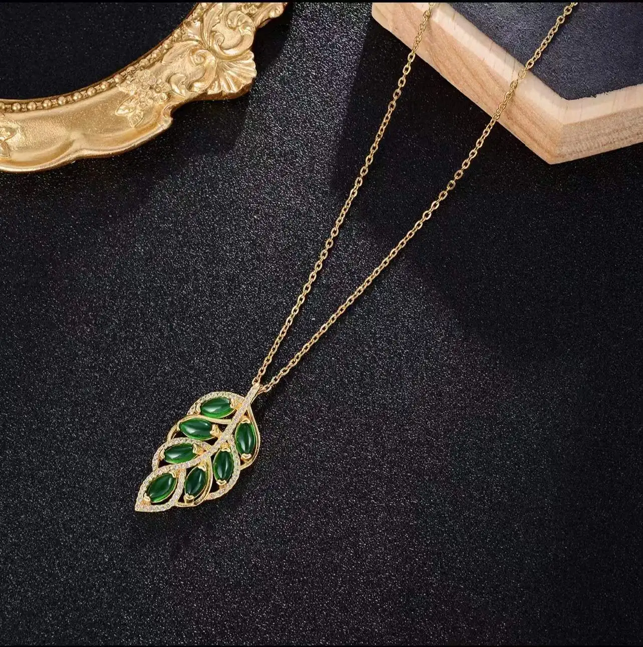 Real-24K-Gold-Color-Gold-Inlaid-Micro-Inlaid-Leaves-Pendant-Necklace ...