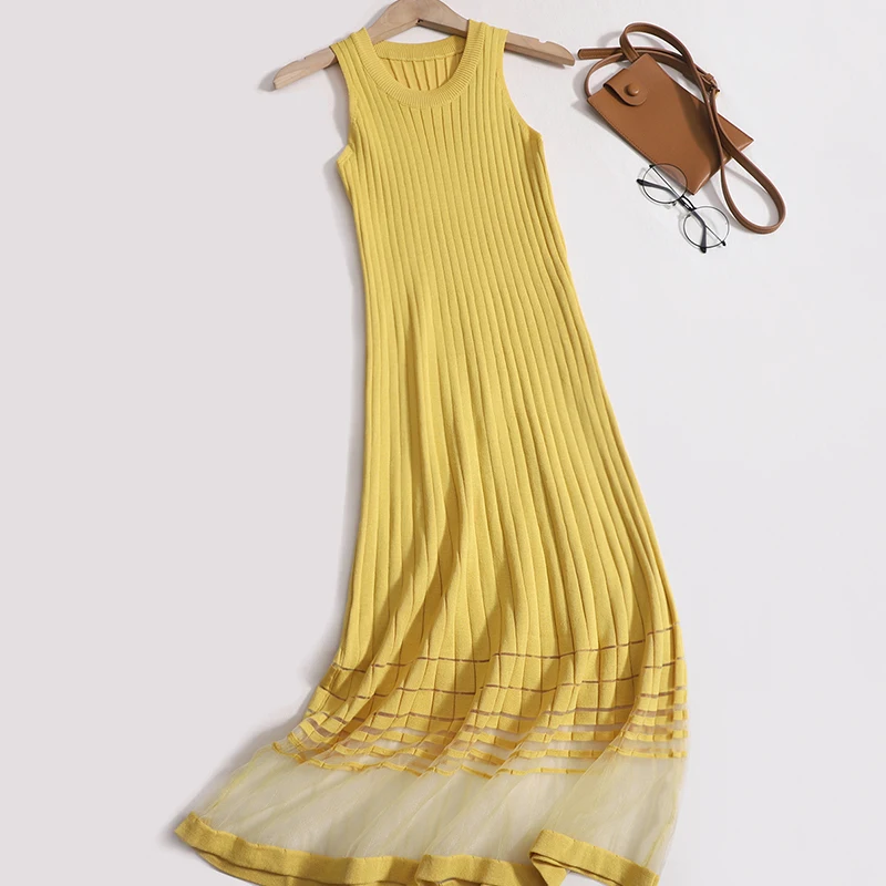 2023-Patchwork-Knitted-Long-Sundress-Women-Sleeveless-Elastic-Bodycon ...