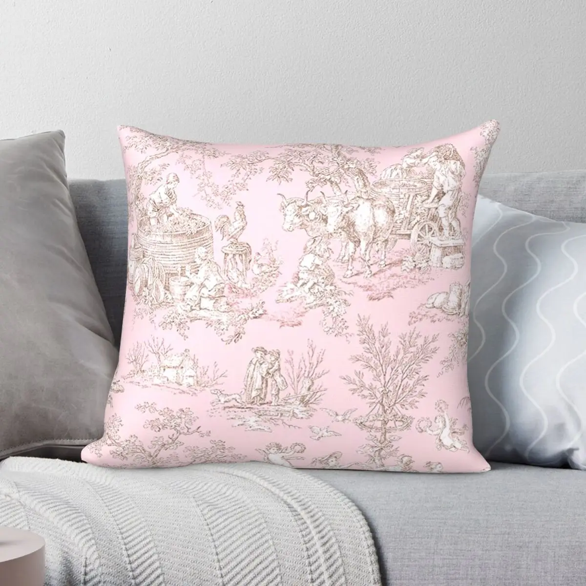 French Country Pink Toile Pillowcase Polyester Linen Velvet Pattern Zip ...