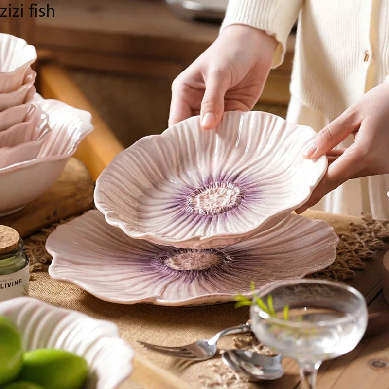 Relief Purple Floral Ceramic Plate Dessert Plate Pasta Dish Soup Bowl ...