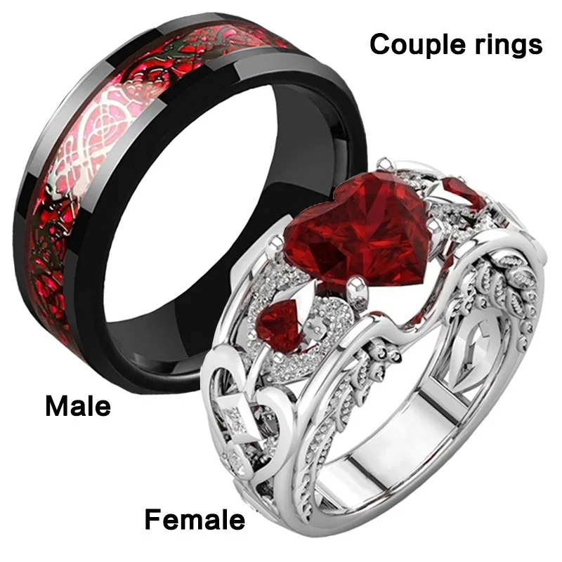 Hot sale new sweet romantic heart shaped ruby women's rings, stainless ...